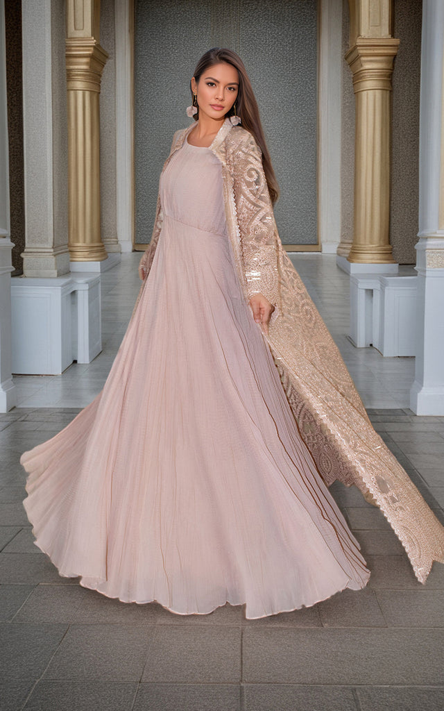 Organza Embroidered Jacket With Crushed Maxi – Threads & Motifs
